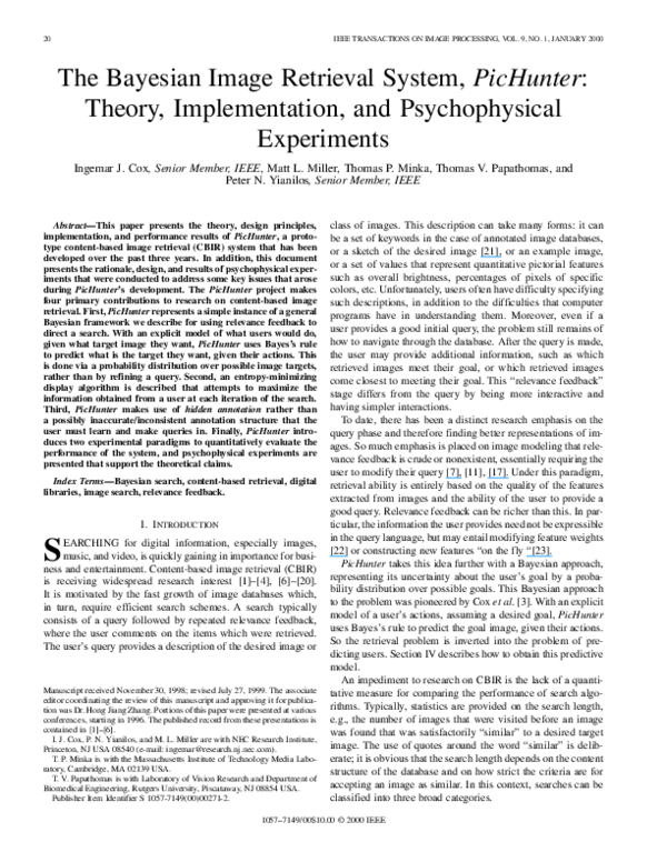 (PDF) The Bayesian image retrieval system, PicHunter: theory ...