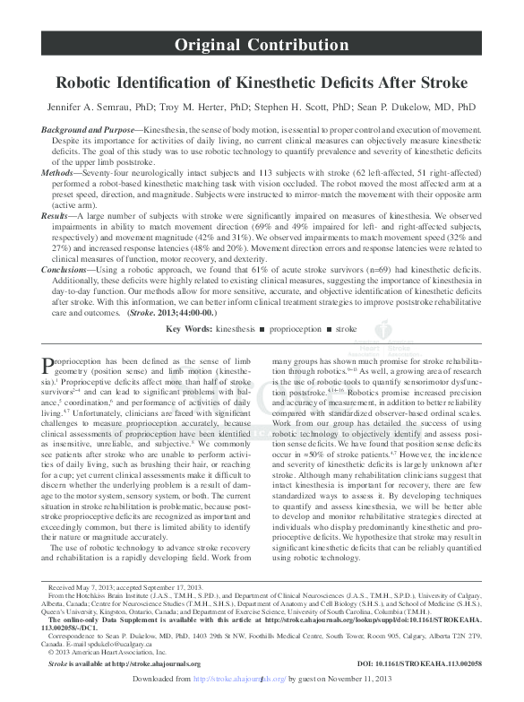 (PDF) Robotic Identification of Kinesthetic Deficits After Stroke