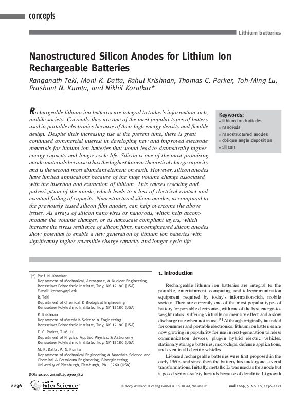 (PDF) Nanostructured Silicon Anodes for Lithium Ion Rechargeable Batteries