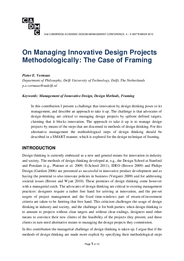 (PDF) On Managing Innovative Design Projects Methodologically: The Case ...