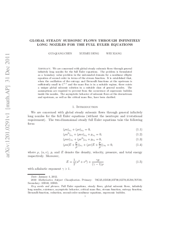 (PDF) Global Steady Subsonic Flows through Infinitely Long Nozzles for the Full Euler Equations ...