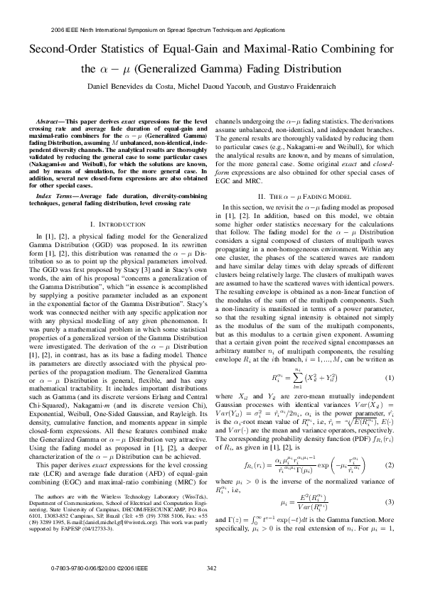 Pdf Second Order Statistics Of Equal Gain And Maximal Ratio Combining For The