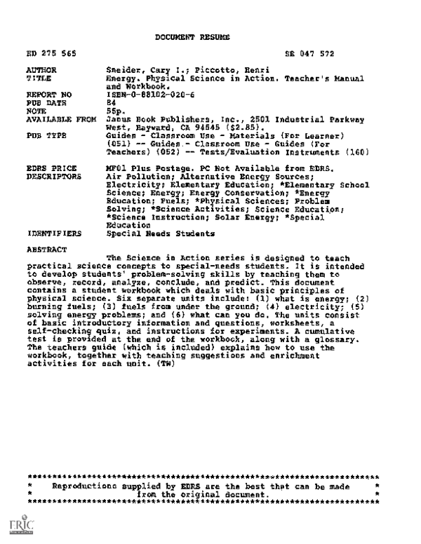 (PDF) Energy. Physical Science in Action. Teacher's Manual and Workbook