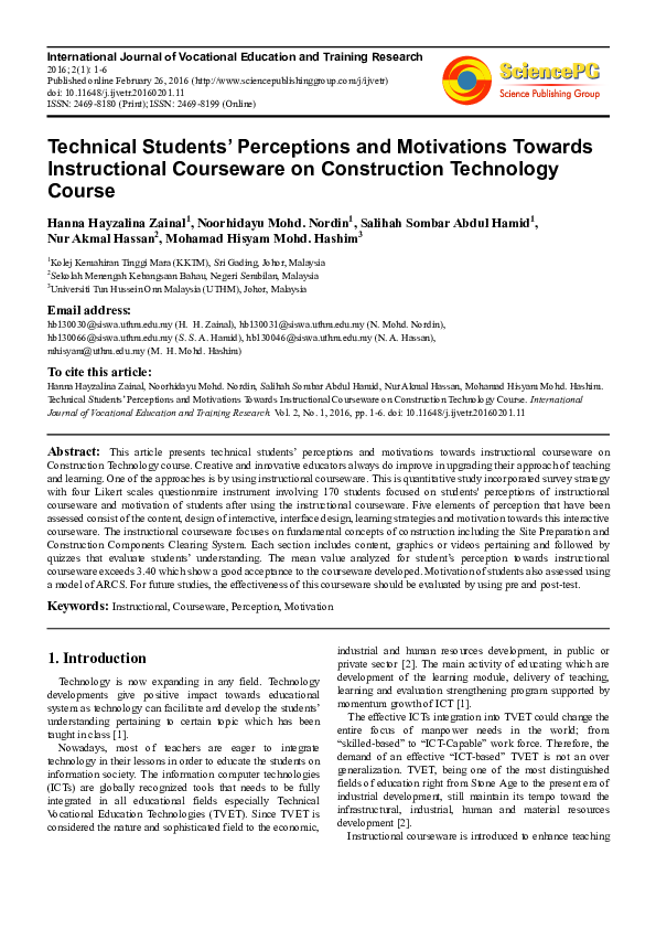 (PDF) Technical Students' Perceptions and Motivations Towards Instructional Courseware on ...