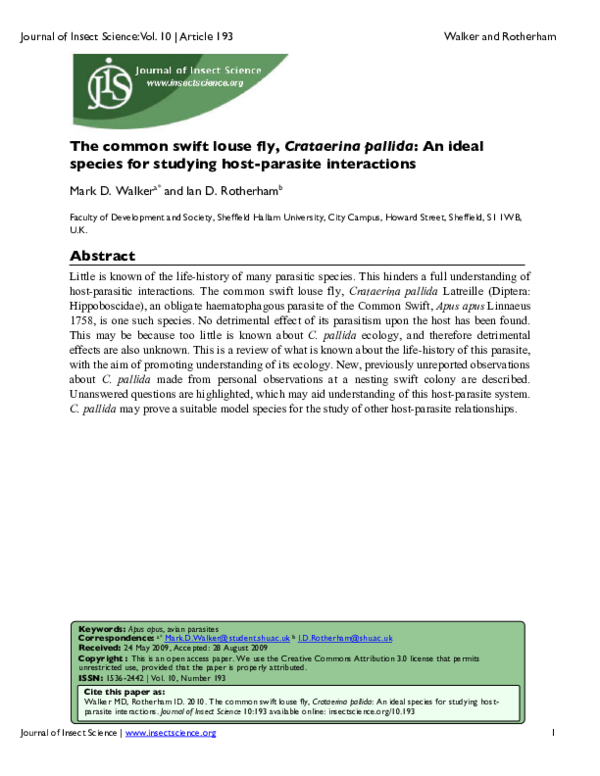 (PDF) The Common Swift Louse Fly, Crataerina pallida : An Ideal Species ...