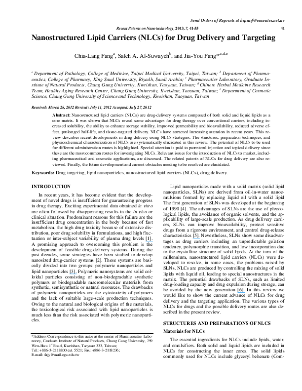 (PDF) Nanostructured Lipid Carriers (NLCs) for Drug Delivery and Targeting