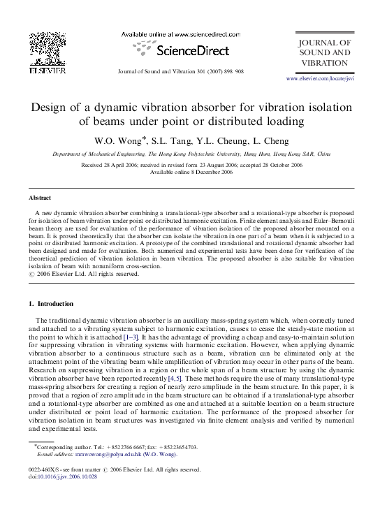 Pdf Design Of A Dynamic Vibration Absorber For Vibration Isolation Of Beams Under Point Or
