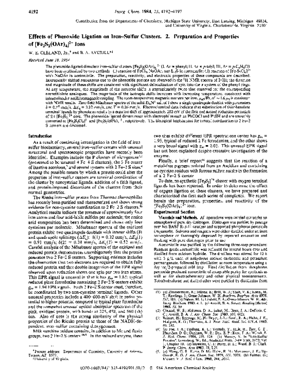 (PDF) Effects of phenoxide ligation on iron-sulfur clusters. 2 ...