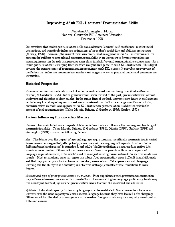 (PDF) Improving Adult ESL Learners' Pronunciation Skills