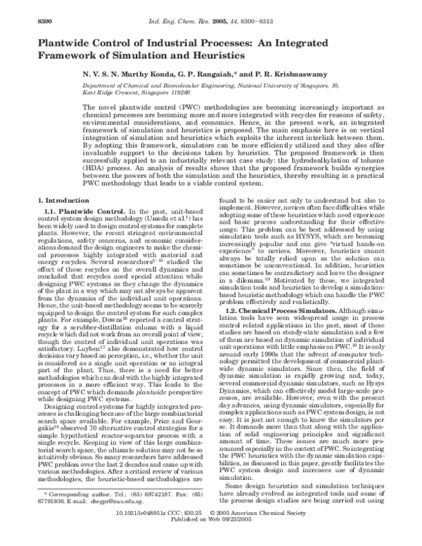 (PDF) Plantwide Control of Industrial Processes: An Integrated Framework of Simulation and ...