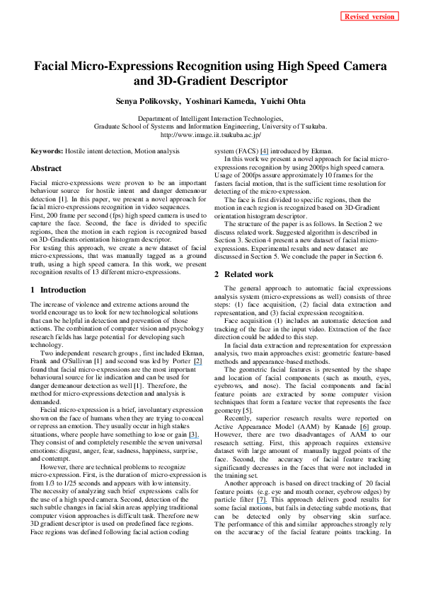 (PDF) Facial micro-expressions recognition using high speed camera and 3D-gradient descriptor