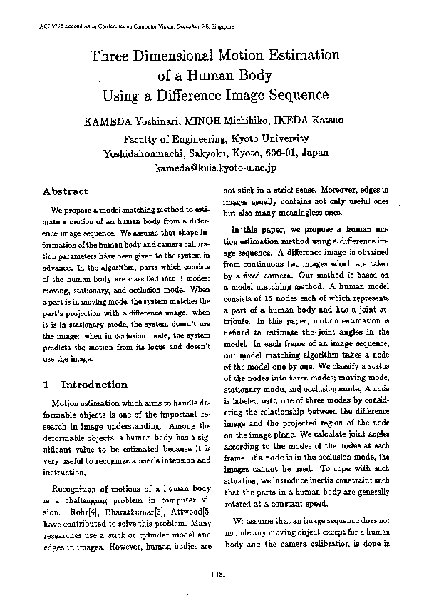 (PDF) Three dimensional motion estimation of a human body using a difference image sequence
