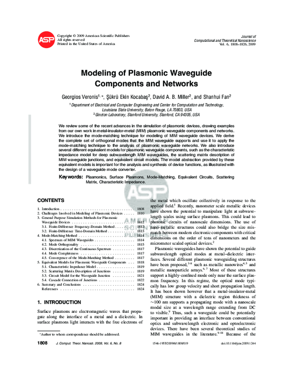 Pdf Modeling Of Plasmonic Waveguide Components And Networks