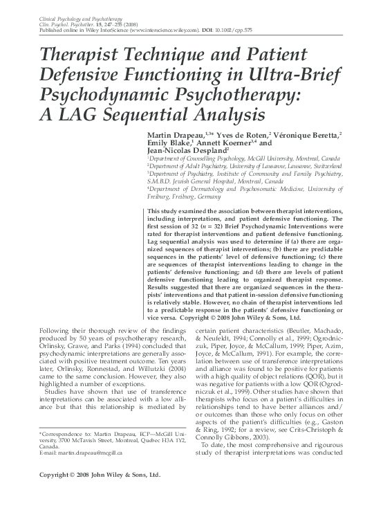 (PDF) Therapist technique and patient defensive functioning in ultra-brief psychodynamic ...