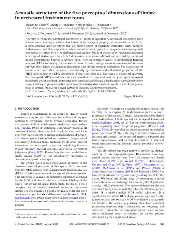 (PDF) Acoustic structure of the five perceptual dimensions of timbre in ...
