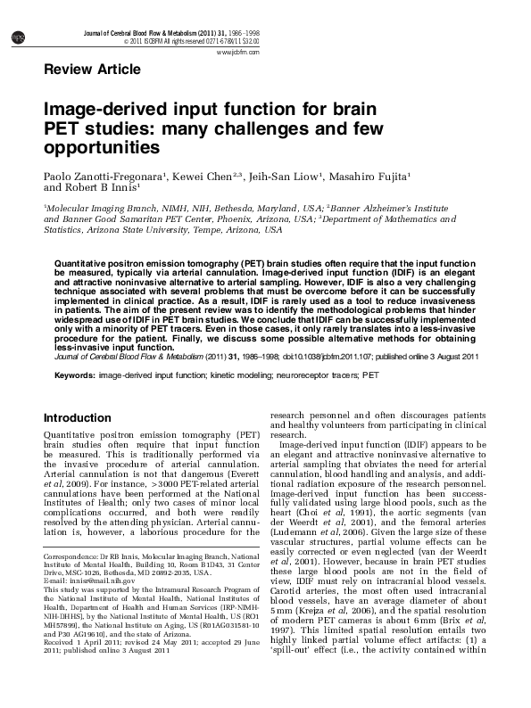 (PDF) Image-derived input function for brain PET studies: many challenges and few opportunities