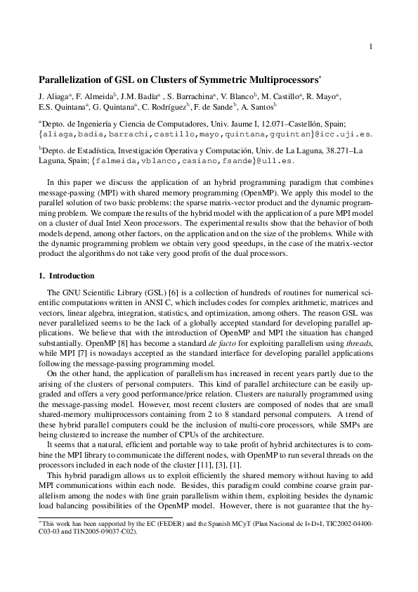 (PDF) Parallelization of gsl on clusters of symmetric multiprocessors