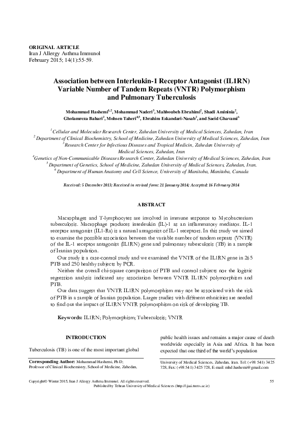 (PDF) Association between Interleukin-1 Receptor Antagonist (IL1RN) Variable Number of Tandem ...
