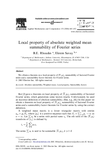Pdf Local Property Of Absolute Weighted Mean Summability Of Fourier Series