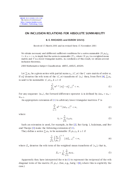 Pdf Necessary And Sufficient Conditions For Inclusion Relations For Absolute Summability