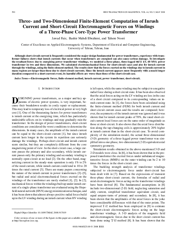 Pdf Three And Two Dimensional Finite Element Computation Of Inrush 0680