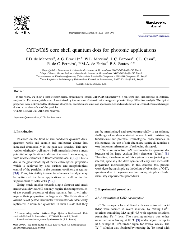 (PDF) CdTe/CdS core shell quantum dots for photonic applications