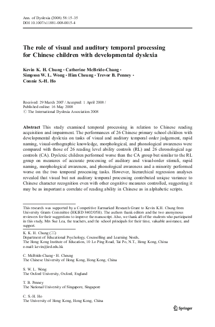 Pdf The Role Of Visual And Auditory Temporal Processing For Chinese