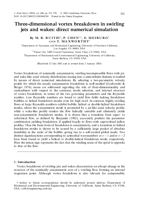 (PDF) Three-dimensional vortex breakdown in swirling jets and wakes: direct numerical simulation
