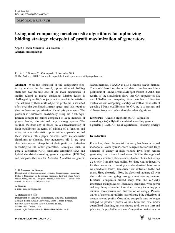 Pdf Using And Comparing Metaheuristic Algorithms For Optimizing Bidding Strategy Viewpoint Of