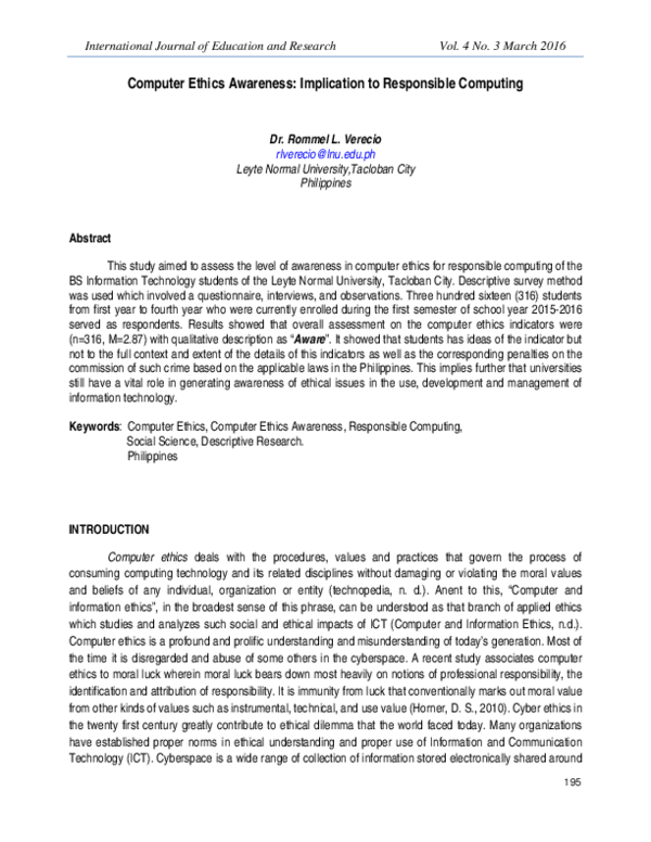 (PDF) Computer Ethics Awareness: Implication to Responsible Computing