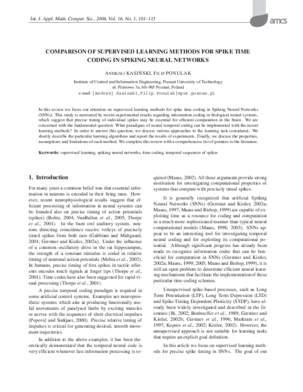 (PDF) Comparison of Supervised Learning Methods for Spike Time Coding in Spiking Neural Networks