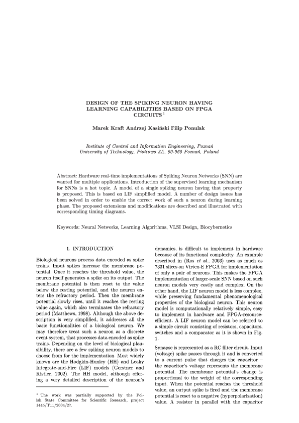 Pdf Design Of The Spiking Neuron Having Learning Capabilitiesbased On Fpga Circuits