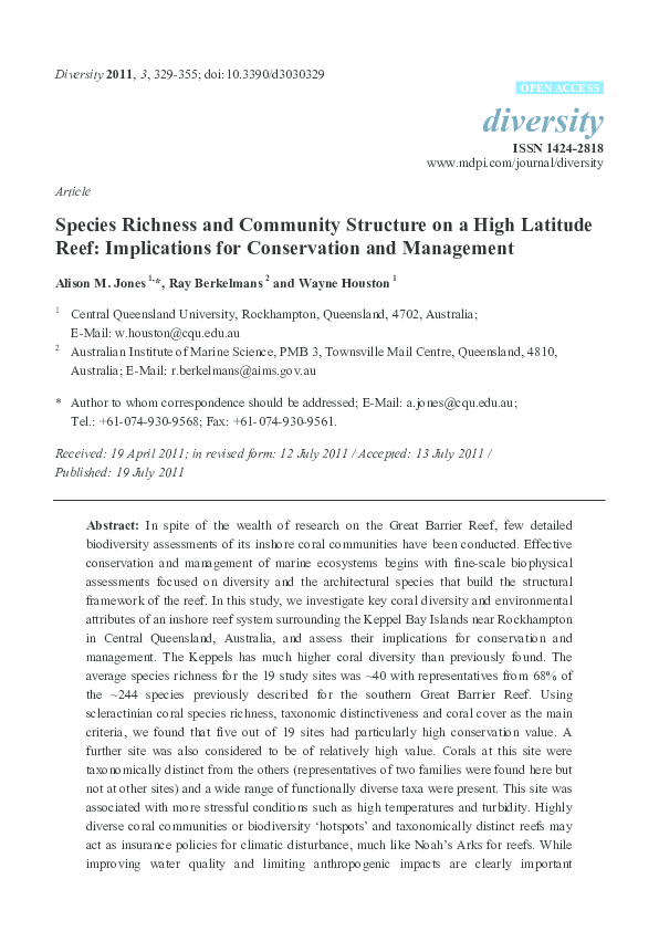 (PDF) Species Richness and Community Structure on a High Latitude Reef: Implications for ...