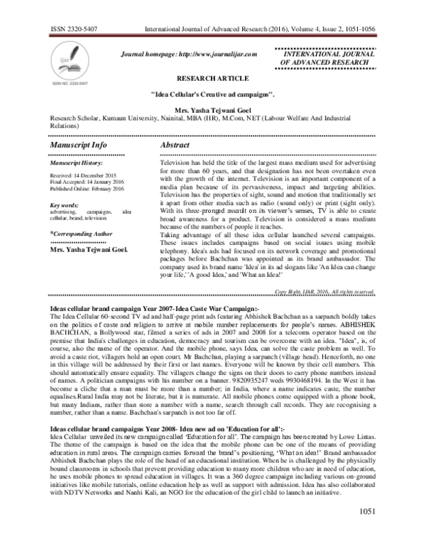 (PDF) "Idea Cellular's Creative ad campaigns" | IJAR Indexing ...