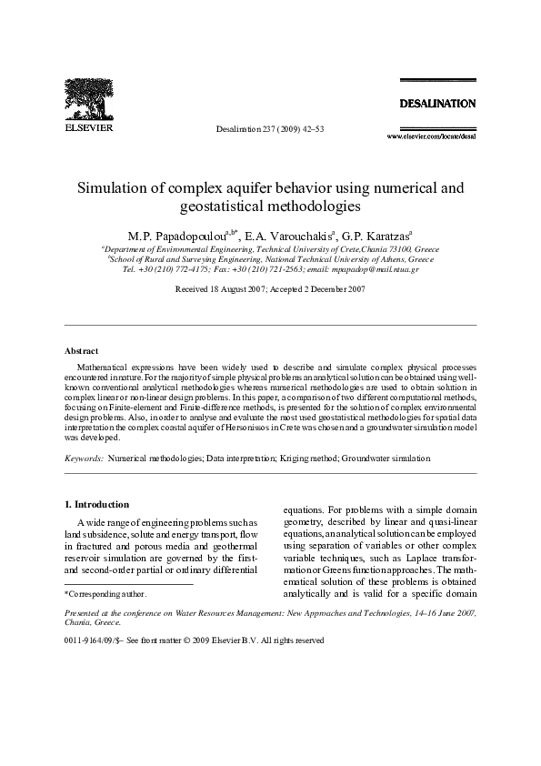 (PDF) Simulation of complex aquifer behavior using numerical and geostatistical methodologies