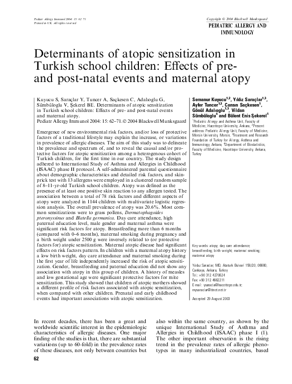 (PDF) Determinants of atopic sensitization in Turkish school children ...