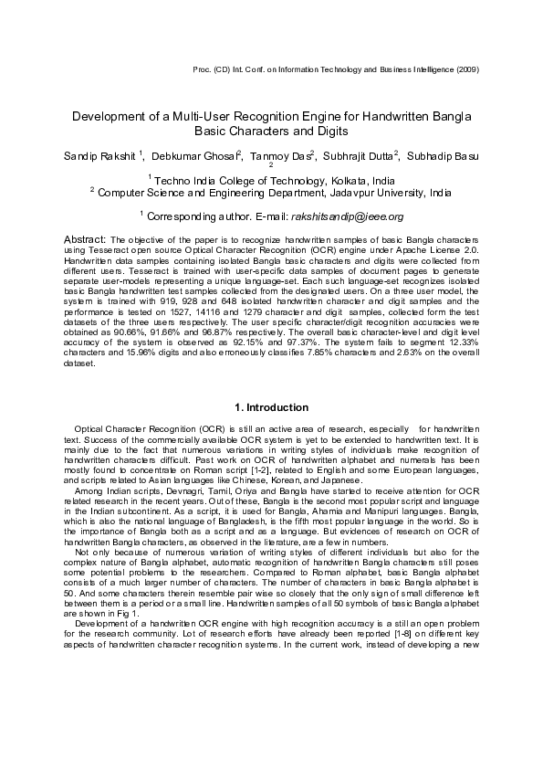 Pdf Development Of A Multi User Recognition Engine For Handwritten Bangla Basic Characters And