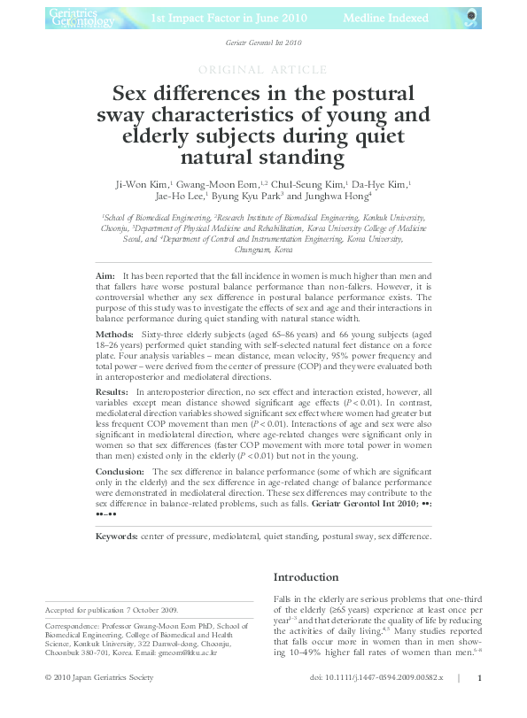 Pdf Sex Differences In The Postural Sway Characteristics Of Young And