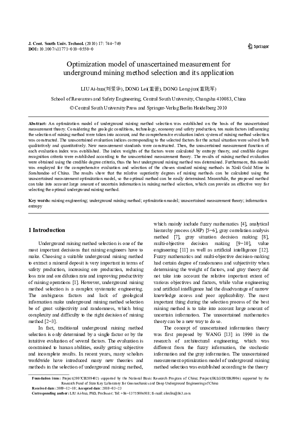 (PDF) Optimization model of unascertained measurement for underground mining method selection ...