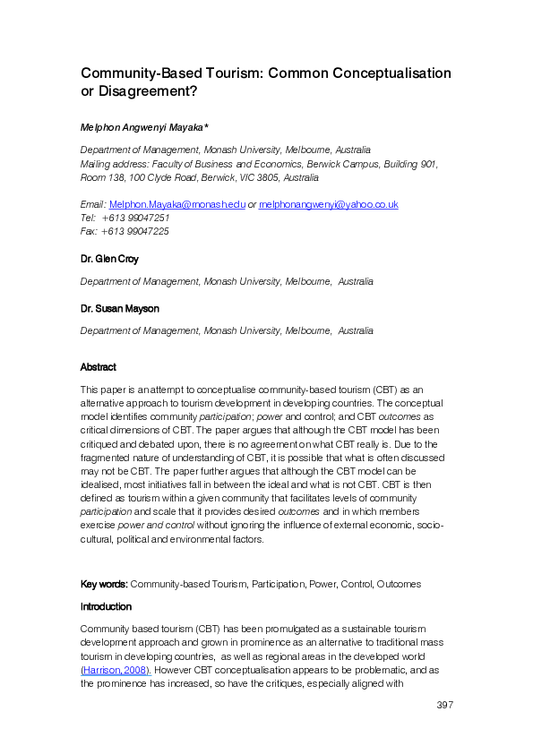 (PDF) Community-based tourism: Common conceptualisation or disagreement?