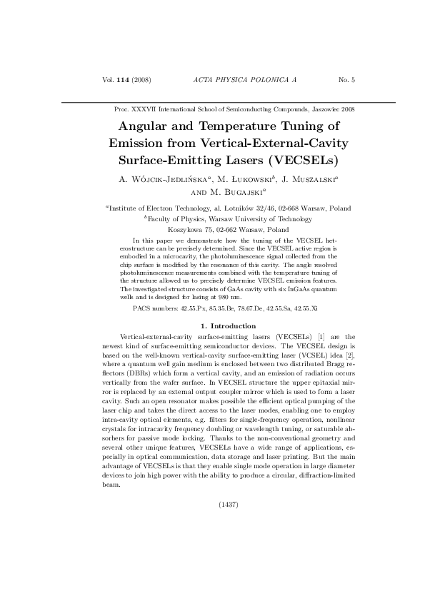 Pdf Angular And Temperature Tuning Of Emission From Vertical External Cavity Surface Emitting