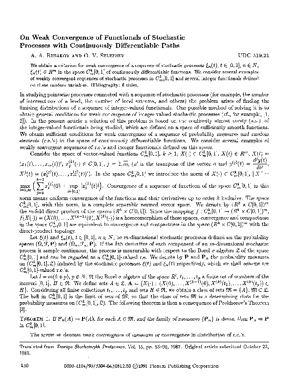 Pdf On Weak Convergence Of Functionals Of Stochastic Processes With