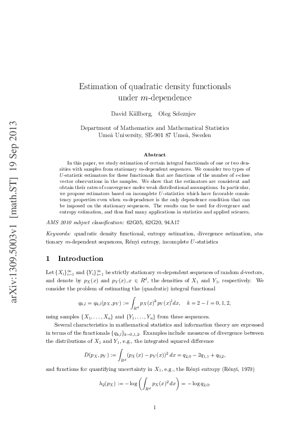 (PDF) Estimation of quadratic density functionals under m-dependence