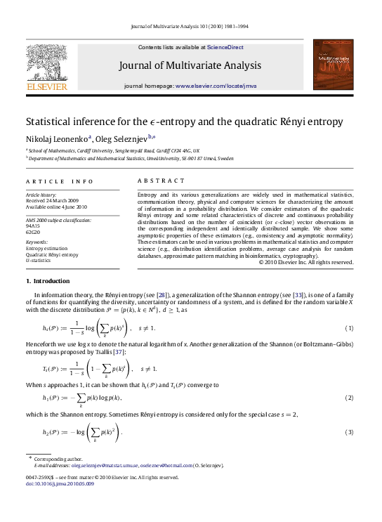 (PDF) Statistical inference for the ∈-entropy and the quadratic Rényi entropy