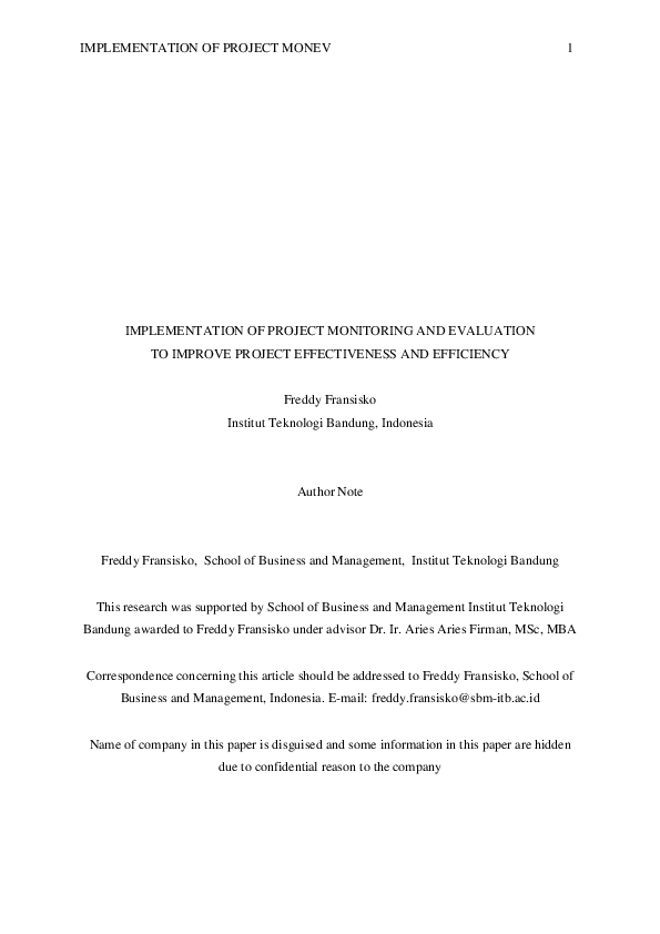 (PDF) IMPLEMENTATION OF PROJECT MONEV 1 IMPLEMENTATION OF PROJECT MONITORING AND EVALUATION TO ...