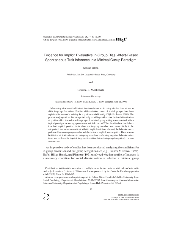 (PDF) Evidence for Implicit Evaluative In-Group Bias: Affect-Biased ...