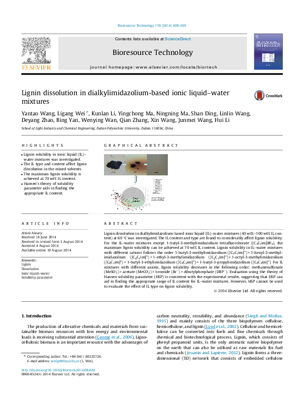 (PDF) Lignin dissolution in dialkylimidazolium-based ionic liquid-water mixtures