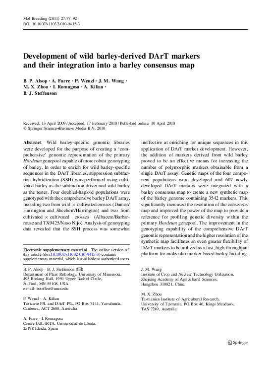 (PDF) Development of wild barley-derived DArT markers and their ...