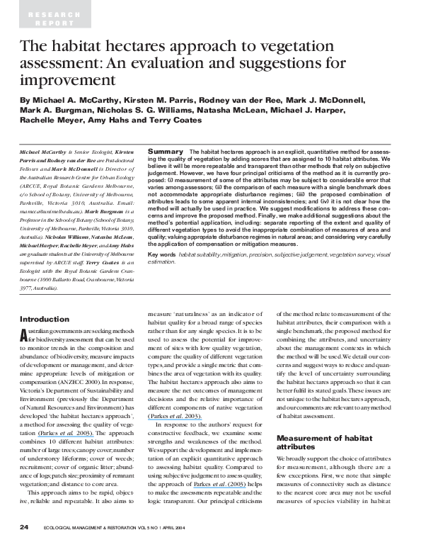 (PDF) The habitat hectares approach to vegetation assessment: An ...