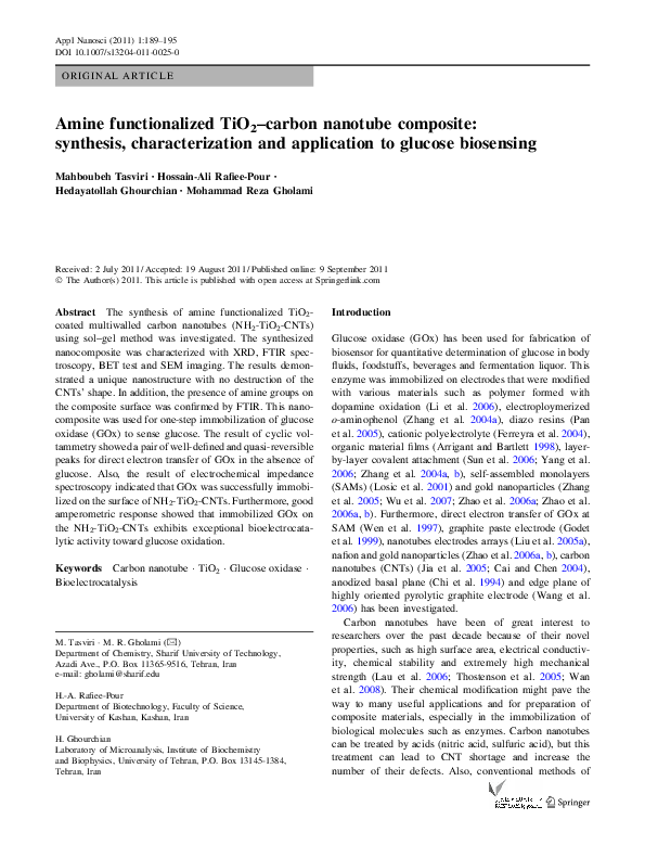 (PDF) Amine functionalized TiO2–carbon nanotube composite: synthesis, characterization and ...